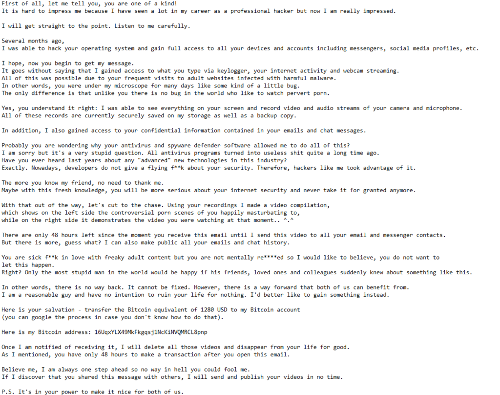 What is the “You Are One Of A Kind” sextortion email – WiperSoft ...